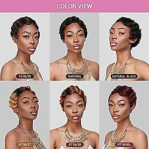 INSTANT FAB Finger Wave Human Hair Wigs for Black Women Short Curly Remi Human Hair Wig Pixie Cut Wigs Nuna Wigs Non Lace Front Wigs (OT1B/99J)
