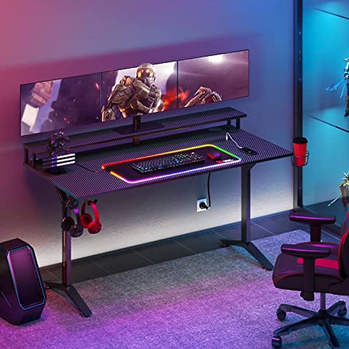 SEVEN WARRIOR Gaming Desk 60INCH with RGB Mouse Pad & Power Outlet, Carbon Fiber Surface Gamer Desk with Monitor Stand, Ergonomic Y Shaped Gamer Table with Cup Holder, Headphone Hook, Outlet Organizer