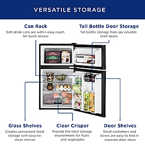 GE Mini Fridge With Freezer | 3.1 Cubic Ft. | Double-Door Design With Glass Shelves, Crisper Drawer & Spacious Freezer | Small Refrigerator Perfect for the Garage, Dorm Room, or Bedroom | Black