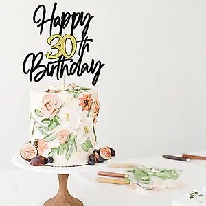 Black and gold happy 30th birthday cake Topper,Flash 30th birthday party cake decorations,happy birthday cake decoration 30th birthday party decoration gift plugin (30-1)