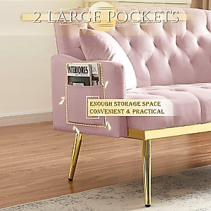 Antetek Upholstered Velvet Loveseat Sofa, Modern Small Sofa Couch with Side Pocket and Golden Metal Legs, Tufted Leisure Sofa for Living Room, Bedroom, Office, Pink