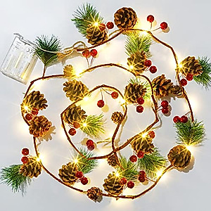 Dazzle Bright 6.5 FT Pine Cone Christmas String Lights, 20 LED Battery Operated Christmas Garland with Red Berry Pine Cone Fairy String Lights for Indoor Outdoor Xmas Fireplace Mantel Decorations