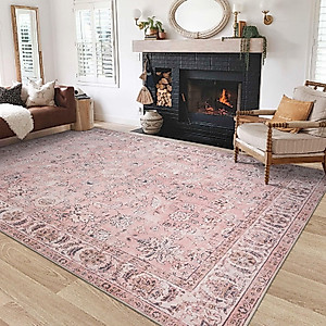 Fashriend Doria Boho Area Rug, 5'×7' Washable Oriental Rug, Non-Slip Vintage Floral Rug, Non-Shedding Traditional Carpet with Low Pile for Living Room, Bedroom, Dining, Office, Retro Pink