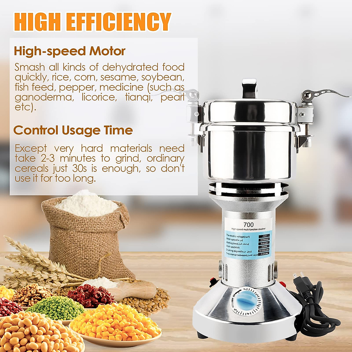 HighFree 700g Electric Grain Grinder Mill, 110V 2500W High Speed Electric Pulverizer Herb Grain Spice Coffee Seeds Rice Corn Pepper Cereal Powder Machine for Kitchen, Food Store