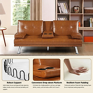 GERDIOEB Modern Convertible Folding Futon Sofa Bed with 2 Cup Holders, Leather Upholstered Adjustable Couch Loveseat Sofa Sleeper with Removable Armrests for Living Room Office Small Space (Tan)