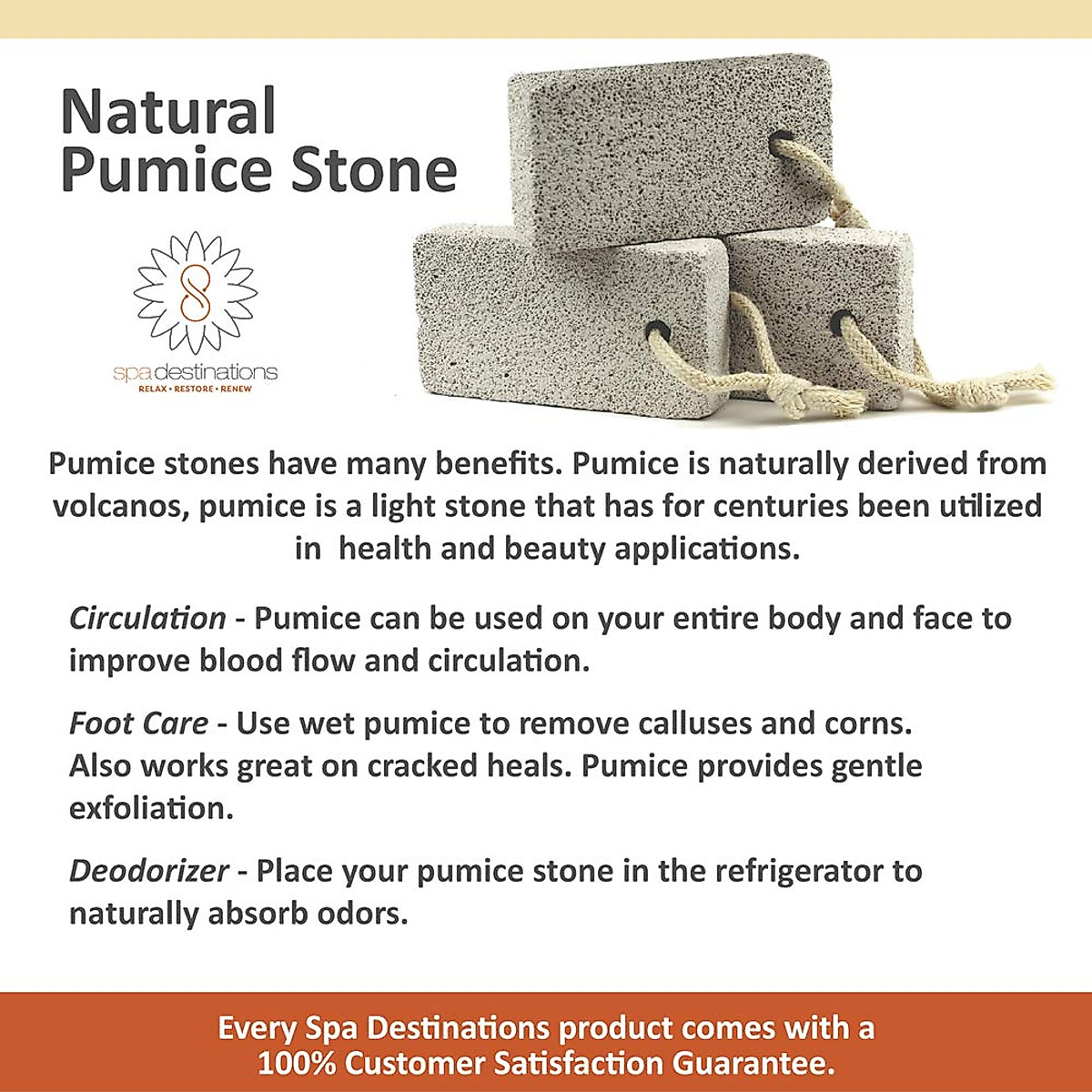 Natural Pumice Stone Three (3) Pack. For Feet, Skin and Body Exfoliation by Spa Destinations