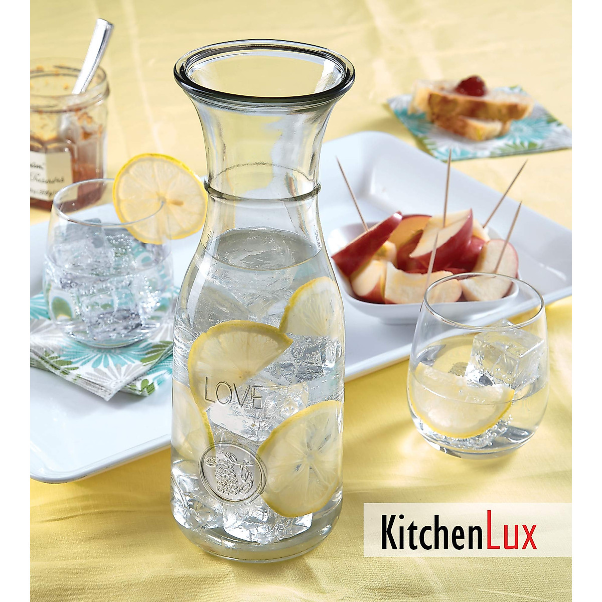 Kitchen Lux Carafe Pitcher Glass Set - Glass Water Pitcher & Water Carafe - Love Elegant Wine Decanter & Mimosa Bar Set - Easy Grip Neck & Wide Mouth for Pouring