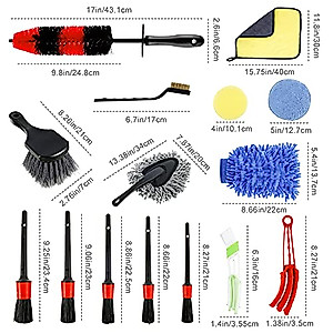18Pcs Auto Car Detailing Brush Set, Car Cleaning Tools Kit with Long Rim Brush, Detail Brushes, Vent Brush, Polishing Pads, Wash Mitt, Towels for Clean Wheels, Dashboard, Engine, Carpet, Air Vents