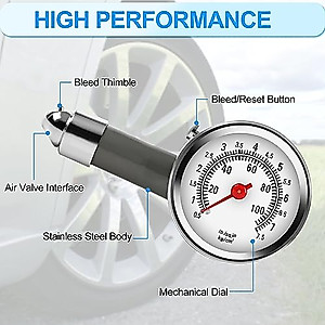 Tire Pressure Gauge for Cars (0-100 Psi), Mechanical Tire Gauges for Tire Pressure, Tire Pressure Gauge Heavy Duty, Tire Air Gauge for Motorcycles, Trucks, Bicycles