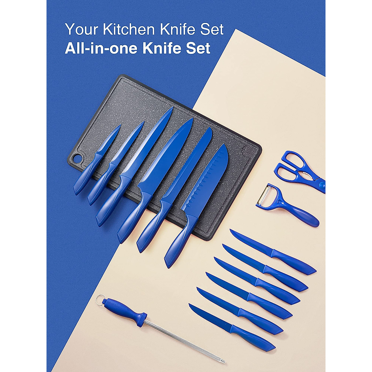 Knife Set, No Rust 16 Pieces Knives Set, Knife Block Set with Easy Clean Acrylic Stand, Super Sharp Kitchen Knife Set with a Vegetable Peeler, Blue