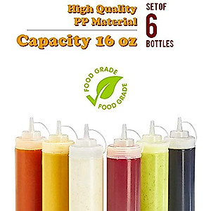 On Condiment Bottle, Set of 6 Plastic Squeeze Condiment Bottles for Mustard Dressing Ketchup BBQ Sauce Mayonnaise Syrup Honey Arts Crafts, 16 oz Condiments Squirt Bottle Leakproof Twist On Cap Lids