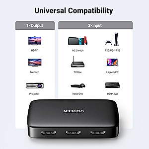 UGREEN HDMI Switch 3 in 1 Out 4K HDMI Splitter, HDMI Switch with Remote Supports HDR CEC 3D HDCP1.4 HDMI 3 Port Box Hub 4K 30Hz, Compatible with PS5 PS4 Xbox Fire Stick Roku Apple TV PC