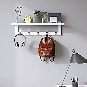 SMIBUY Coat Hooks with Shelf Wall-Mounted, 29.2 Inch Entryway Coat Rack for Wall, Bamboo Hanging Shelf with 5 Double Metal Hooks for Bathroom, Bedroom, Kitchen, Living Room, Mudroom (White)
