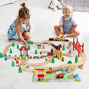 Joqutoys Wooden Train Set, 100 Pieces Toy Train Set for Toddlers 3+ Years Old, Train Tracks Toys with Tower Crane & Suspension Bridge, Fits All Major Brands
