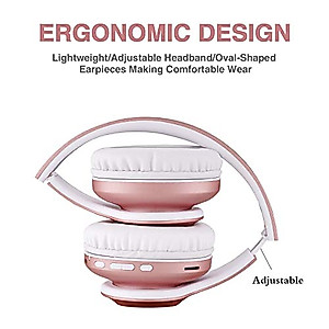 Bluetooth Over Ear Headphones,KINGCOO Wireless Headphones V5.0 with Microphone, Foldable & Lightweight Headset, Support Tf Card MP3 Mode and Fm Radio for Cellphones Laptop TV (Rose Gold)