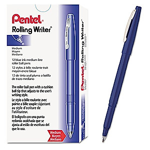 Pentel Rolling Writer Roller Ball Capped Pen, Blue Ink, Medium Point, Dozen, DZ - PENR100C