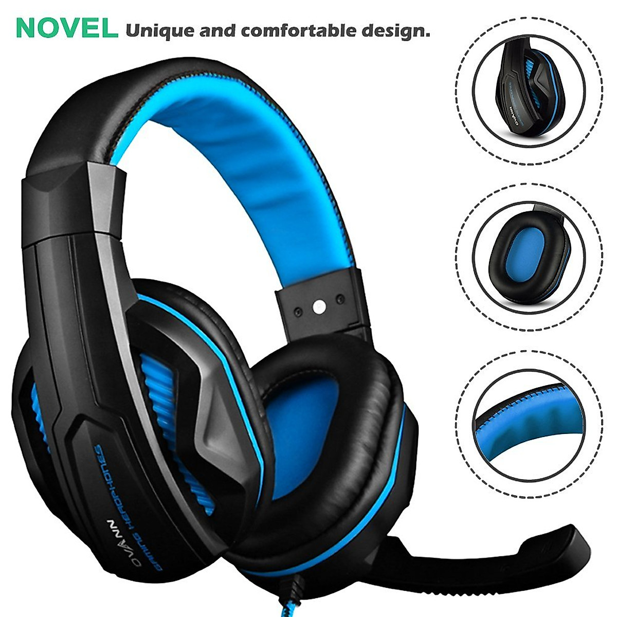 Gaming Headset,3.5mm Wired Bass Stereo Noise Isolation Gaming Headphones with Mic for Laptop Computer, Cellphone, Volume Control (Black and Blue)