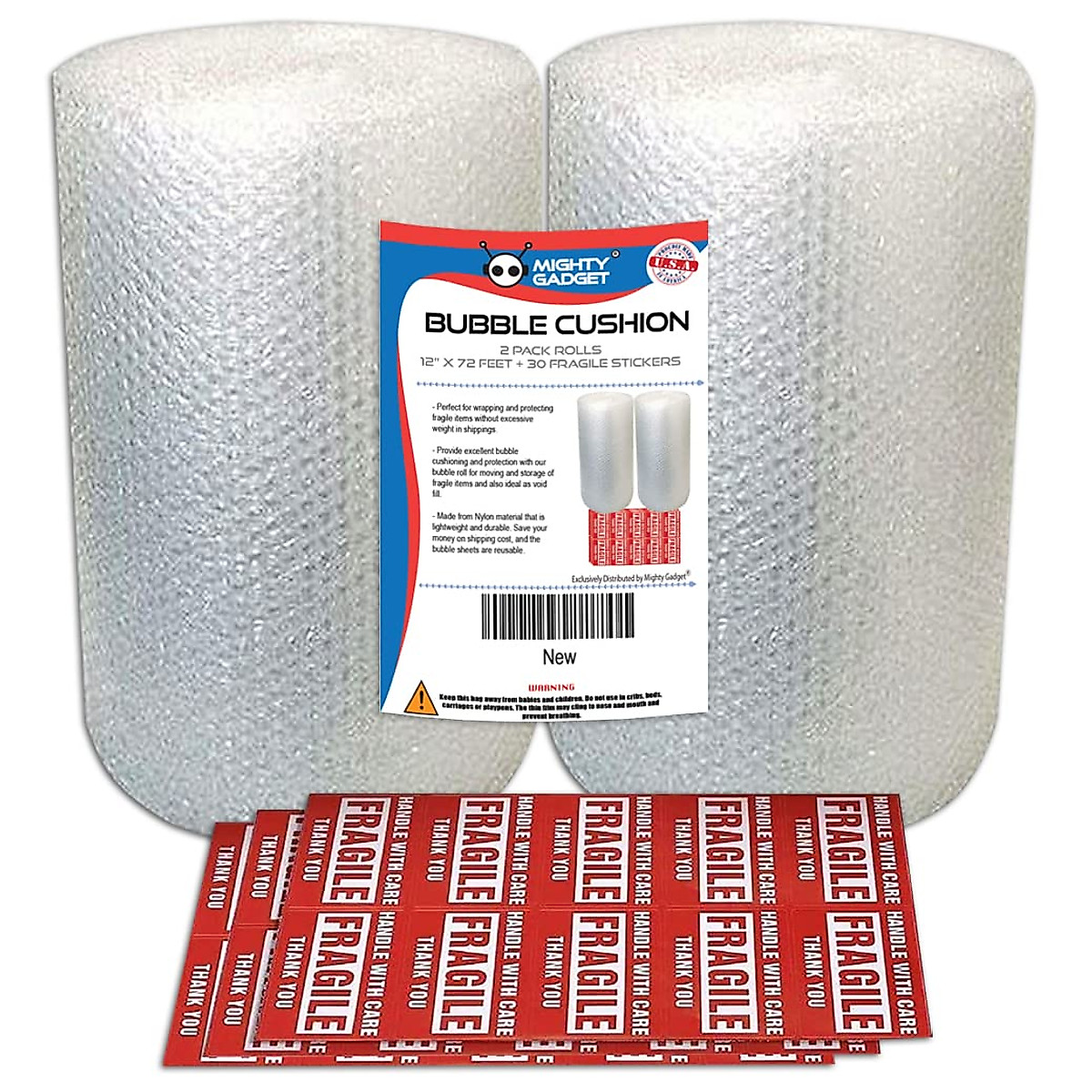 2-Pack Mighty Gadget Bubble Cushioning Wrap Rolls, Air Bubble, 12 Inch x 72 Feet Total, Perforated Every 12", 30 Bonus Fragile Stickers Included