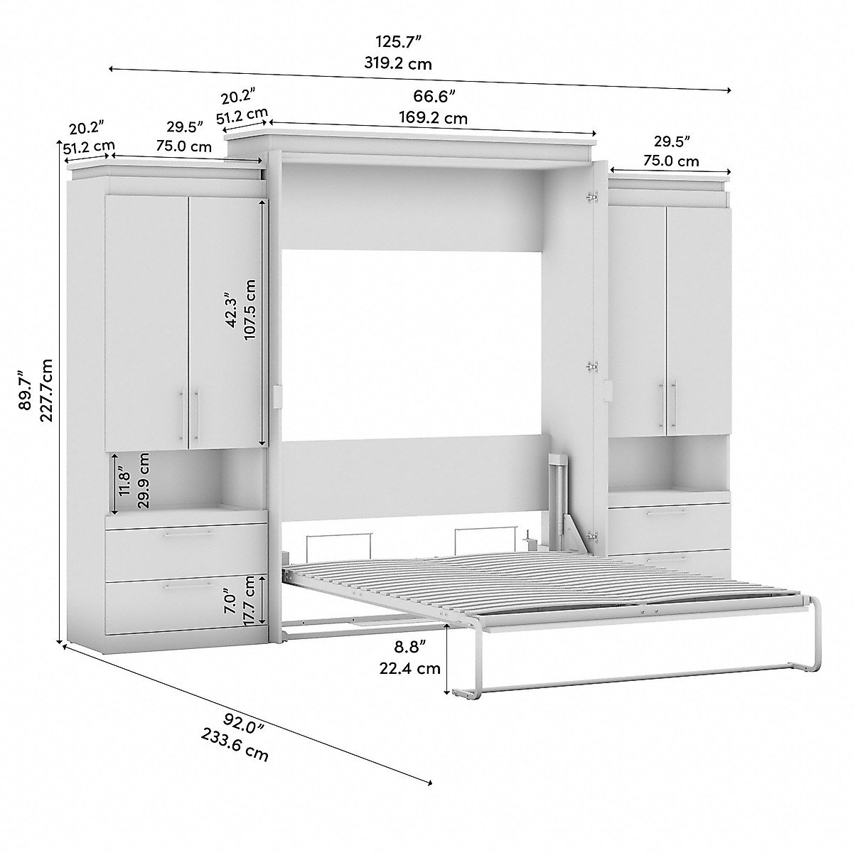 Bestar Orion Queen Murphy Bed with Storage Cabinets and Pull-Out Shelves (126W) in Bark Grey and Graphite, Sleeping Arrangement with Organization