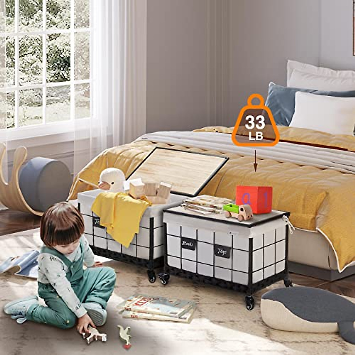 GREENSTELL Storage Basket with Wheels and Lid, 65L Handwoven Large Shelf Basket with Cotton Liner and Metal Frame, Foldable & Easy to Install, Storage Box Basket Bin with Handle Black