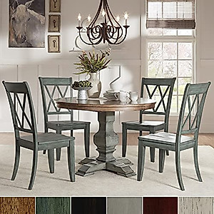 Inspire Q Eleanor Round Solid Wood Top Double X Back 5-Piece Dining Set by Classic Oak and Sage Green Table with Chairs Antique
