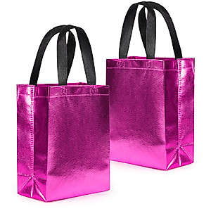 WRAPAHOLIC 12 Pack Reusable Hot Pink Gift Bag with Handles - Medium Size 8 x 4 x 10 inch - Perfect for Baby Gift Bags, Shopping Bag, Goodie Bags, Party Favor Bags