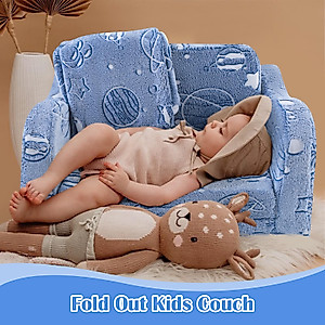 MeMoreCool Toddler Fold Out Chair for Girls Boys, Glow in Dark Comfy Folding Baby Couch Convertible to Lounge, Flip Out Kids Soft Plush Recliner for Childrens Playroom (Glowing Astronaut)