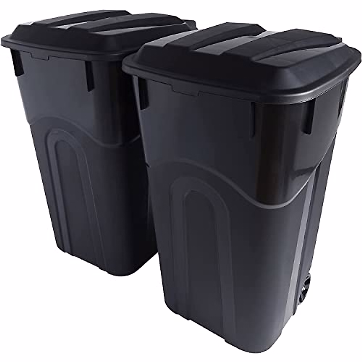 32 Gallon Wheeled Outdoor Garbage Can with Attached Snap Lock Lid and Heavy-Duty Handles, Black, Heavy-Duty Construction, Perfect Backyard, Deck, or Garage Trash Can, 2 Pack