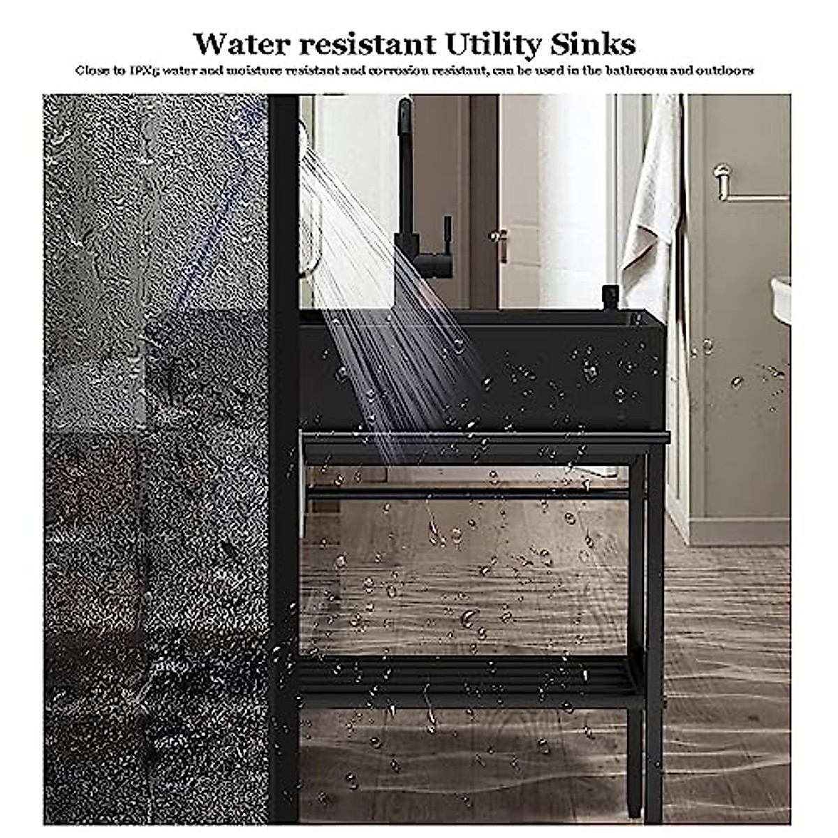 HM&DX Utility Sink with Cabinet,Black Commercial Sink,freestanding Stainless Steel Sinks,Single Bowl Kitchen Sink with Faucet and Shelves,Hand Washing Station Basin for Garage Kitchen Laundry Room