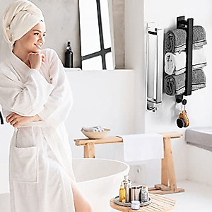 BestYiJo Tower Rack Self Adhesive Tower Bar, Thicken Stainless Steel Tower Holder for Bathroom Wall Mounted, Bathroom Towel Storage, Bathroom Accessories Tower Hanger with Hook (Silver)