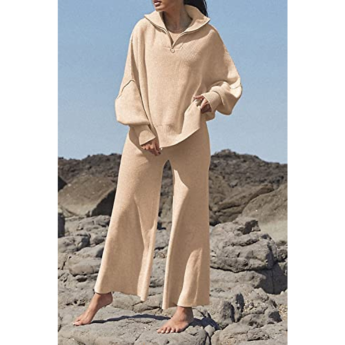 PRETTYGARDEN Women's 2023 Fall Pullover Oversized Sweaters Casual Long Sleeve Zip Up Collared Winter Tops Blouse (Apricot,Small)