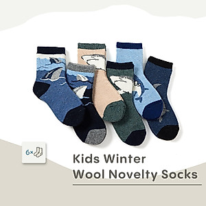 Lollisy Toddler Boys Winter Wool Socks Kids Cartoon Warm Socks Thick Thermal Socks for Boys Sharks 6 Pack Size 4-6 Years