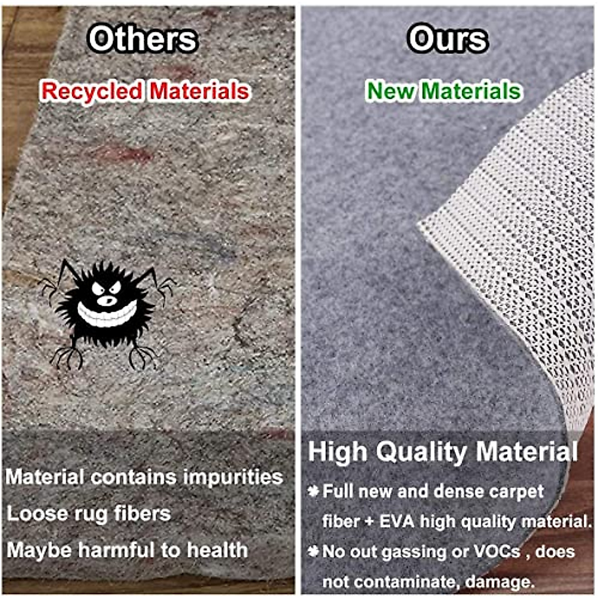 Non Slip Rug Pad Grippers - 5x7, 1/8" Thick, (Felt + Rubber) Double Layers Area Carpet Mat Tap, Provides Protection and Cushioning for Hardwood or Tile Floors