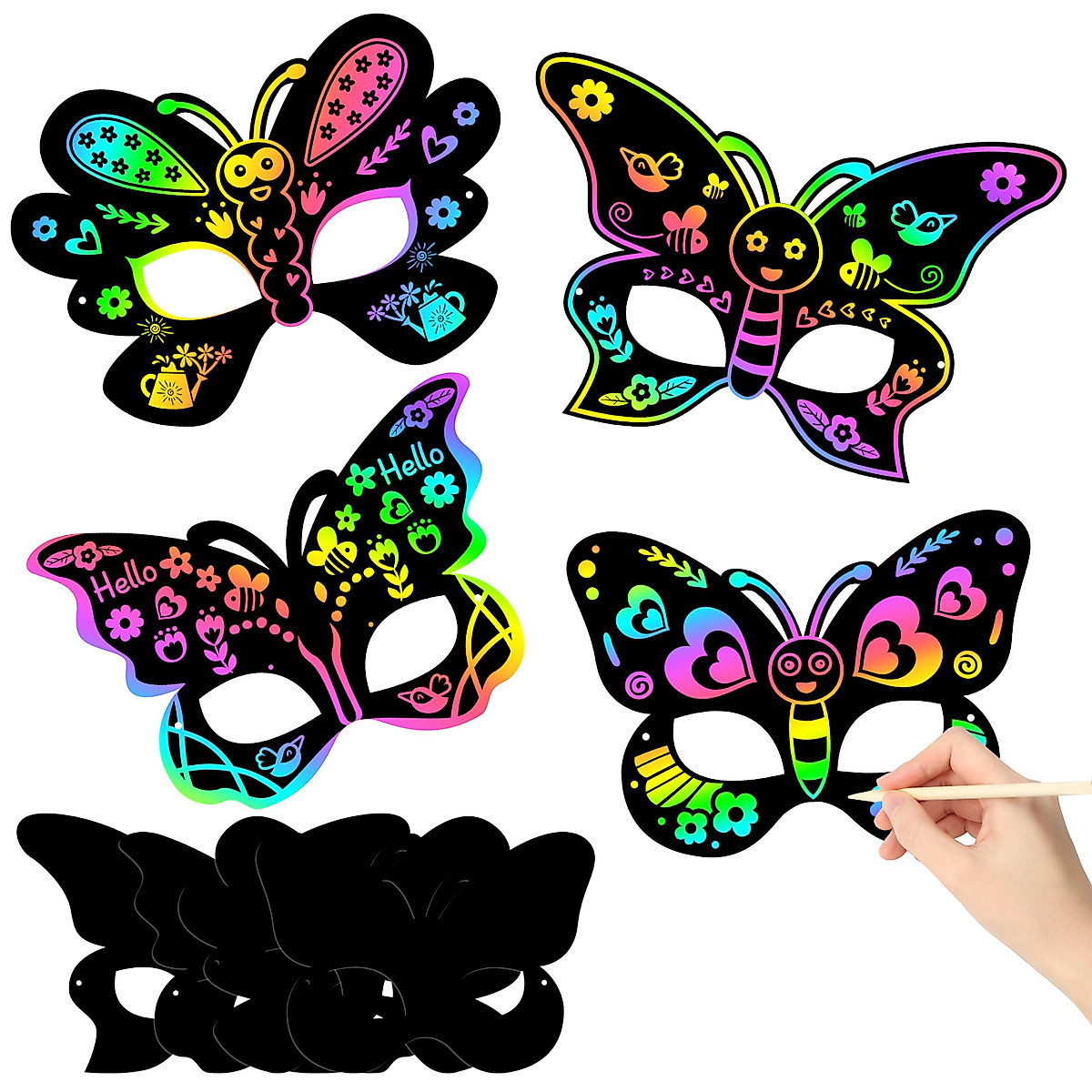HubirdSall 24Pcs Summer Butterfly Scratch Masks for Kids DIY Butterfly Scratch Craft Kit Dress-up Costume Decorate for Girls Birthday Party Favors School Classroom Activity Art Project