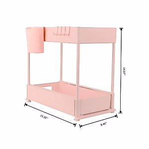 Under Sink Organizers and Storage, 2 Tier Cabinet Organizer with Sliding Pull Out Drawer, Multi-purpose Under Sink Organizer Shelf With Hooks for Bathroom Kitchen, Pink