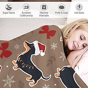 MEIKKO Cute Dachshund Puppy Blanket Fleece Cozy Warm Christmas Snowflake Bow Lightweight Throw Blanket for Couch Sofa Bed for Adults Kids Boys Teens Gift 50"x60"