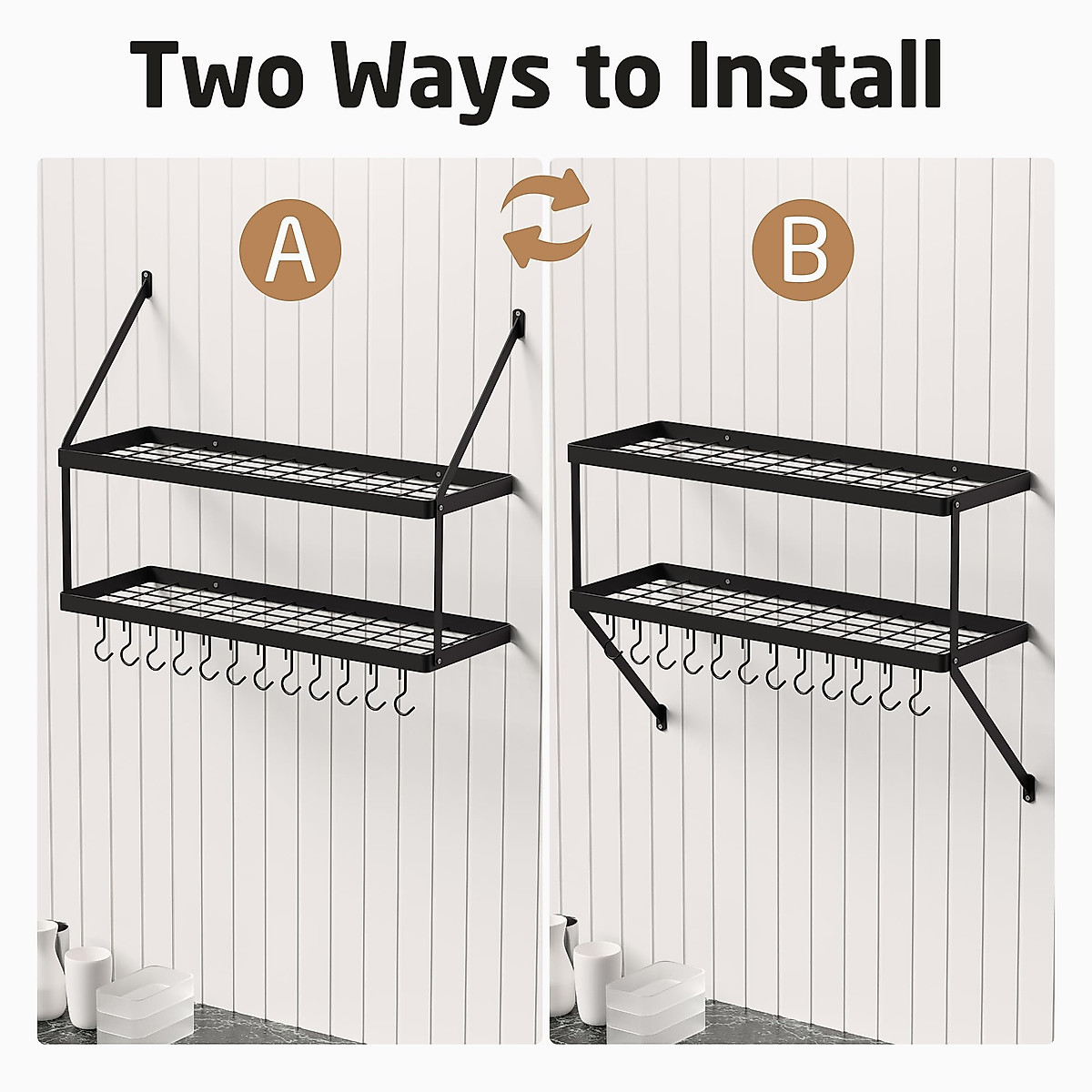 KES 30-Inch Pot Rack 2 Tier Pan Rack for Kitchen Wall Mounted Pot Organizer with 12 S-Hooks Heavy-Duty Matte Black, KUR218S75B-BK