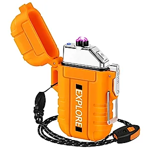 LcFun Electric Lighter USB C Rechargeable Lighter Windproof Arc Lighter Waterproof Flameless Dual Arc Plasma Lighters with Emergency Whistle for Adventure, Survival Tactical, Camping Gadgets (Orange)
