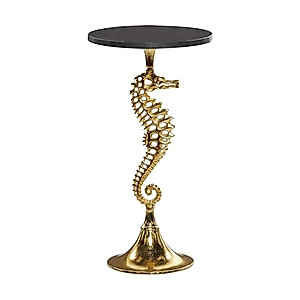 Deco 79 Aluminum Metal Sea Horse Side End Accent Table End Table with Black Marble Table Top, Side Table 13" x 13" x 25", Gold