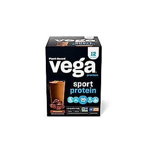 Vega Sport Premium Vegan Protein Powder, Chocolate - 30g Plant Based Protein, 5g BCAAs, Low Carb, Keto, Dairy Free, Gluten Free, Pea Protein for Women & Men, 12 x 1.6 oz Sachets (Packaging May Vary)