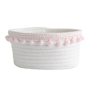 PHEZEN Cotton Rope Basket Bins, Small Woven Storage Baskets for Toy Storage Snacks Clothes Cosmetic Fruits Books Sundries Soft Storage Bins, Boho Woven Storage Baskets Decor Pink (20.5cm x 9.5cm)