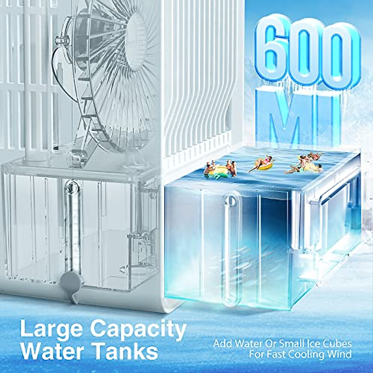 Portable Air Conditioner, 4 in 1 Evaporative Air Cooler with 600ml Water Tank, 1-8 H Timing Touch Screen Portable Air Cooler, Personal Desktop Cooling Fan for Car Home Camping Room