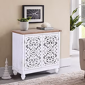 Sophia & William Accent Cabinet with 2 Doors, Distressed Storage Cabinet with Wood Frame and Hollow-Carved Door for Entryway Living Room, White