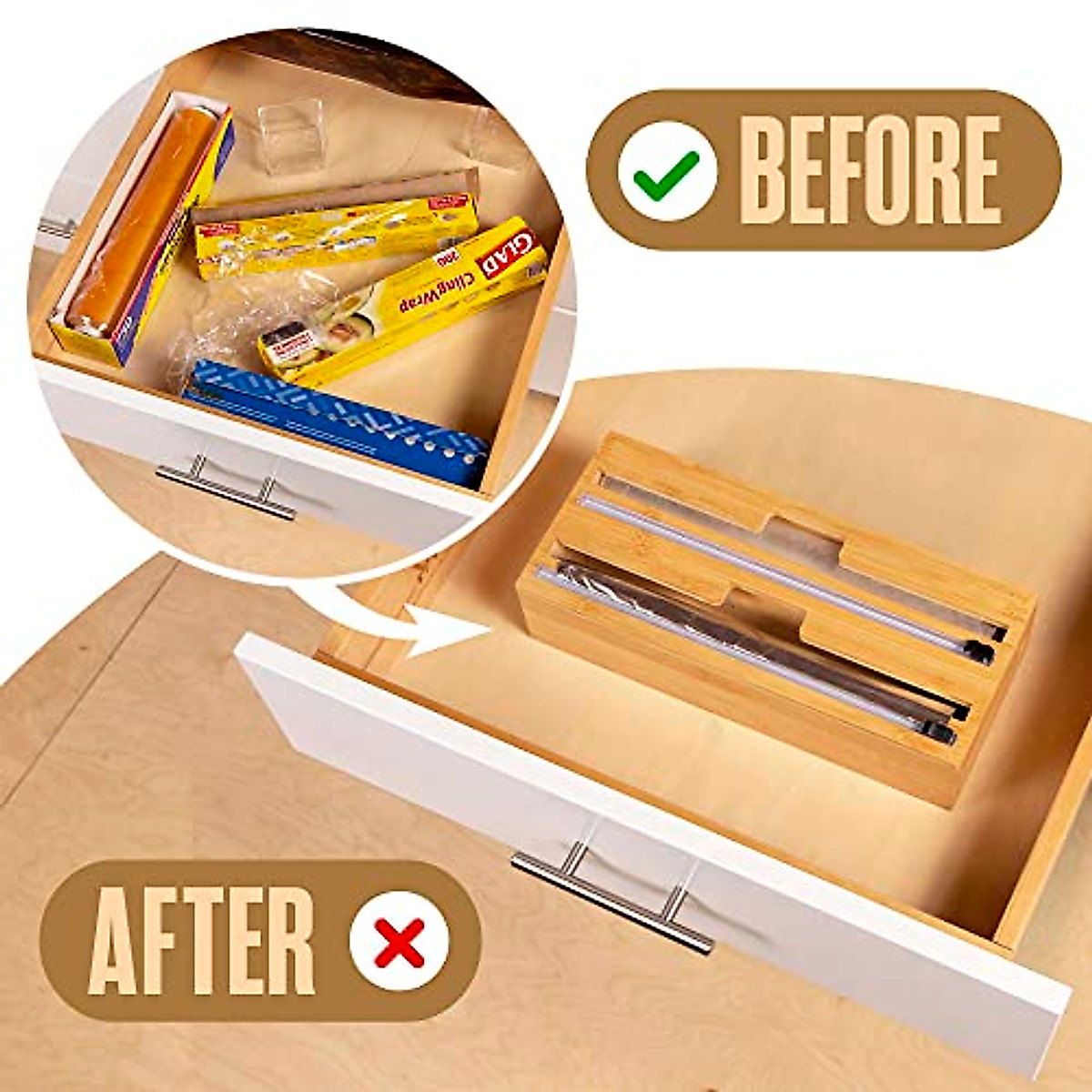 Plastic Wrap Dispenser with Cutter, Aluminum Foil Organizer, Two in One Roll Holder, 13.5"x5.75"x3", Wooden, Bamboo, Reusable, Saran Wrapper Dock, Wax Paper Dispensers for Kitchen Drawer | Houseables