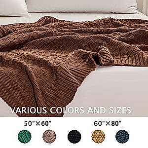 HT&PJ Knit Throw Blanket Cotton Throw Blanket with Tassels Super Soft Warm Cozy Solid Decorative Blanket for Bed, Sofa, Couch, Living Room All Seasons-Caramel, 50"×70"