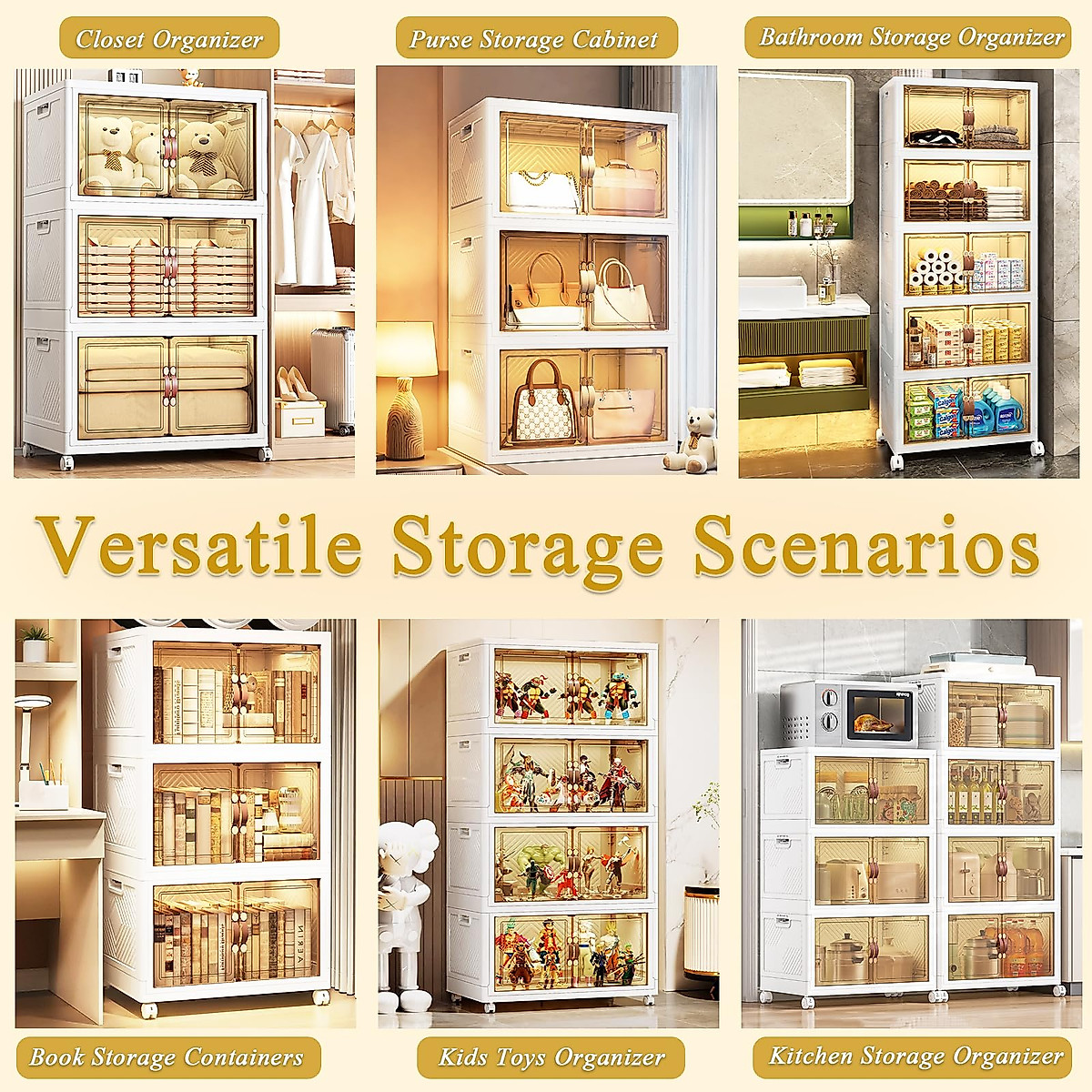 Jacriah Plastic Drawer Storage Bins with Lid, Stackable Storage Bins Open Front, Closet Organizers and Storage Cabinet with Doors and Shelves, Collapsible Storage Bins with Wheels (3 Layer-14 Gallon)