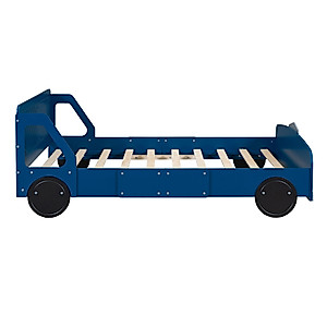 SOFTSEA Full Car Shaped Platform Bed, Wood Car Platform Bed Frame with Wheels and Guardrails, Floor Car Shaped Bed for Kids Boys, No Box Spring Needed, Blue