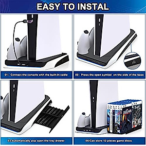 Black PS5 Stand with Cooling Fan and Dual Controller Charger Station, Charging Dock Holder PS5 Accessories Vertical Digital Stand Base for Playstation 5 Console/Disc/Digital Editions