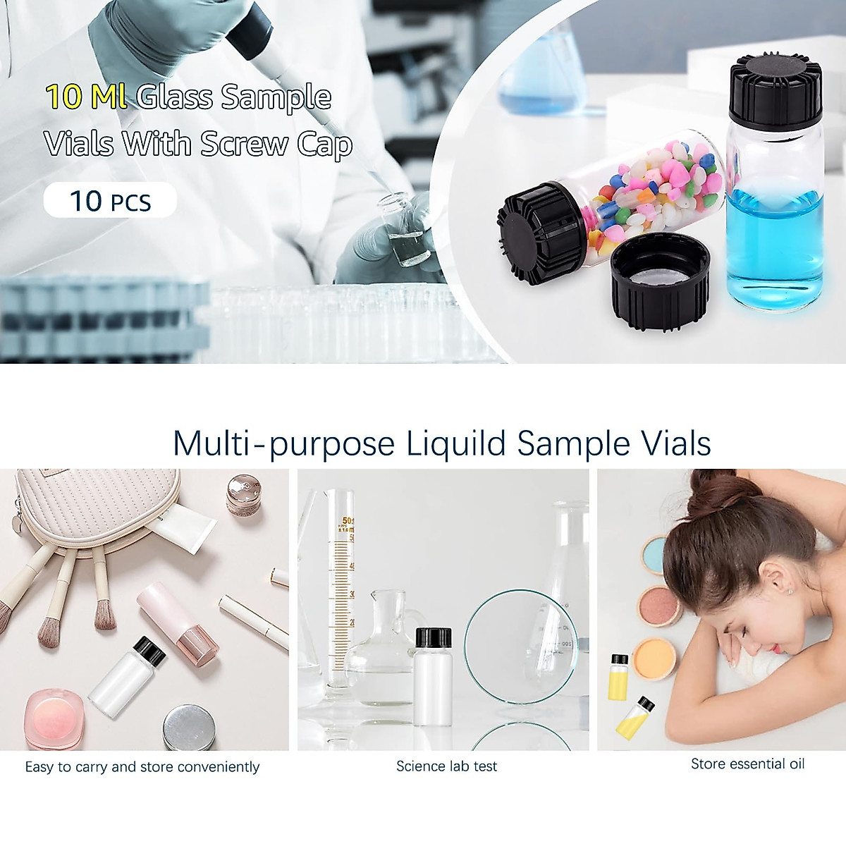 JIUWU 10 Pack Clear Glass Bottles Vial Liquid Sampling Sample Glass Bottles Vials Screwcap Capacity 10 ml (0.3 Oz)