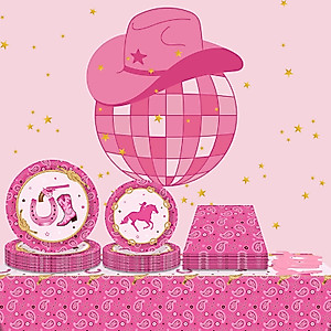 Western Cowgirl Party Supplies, Let's Go Girls Cowgirl Theme Tableware Set Including Tablecloth, Paper, Plates, Napkins, Forks for Western Disco Bachelorette Party Decorations Supplies - Serves 16
